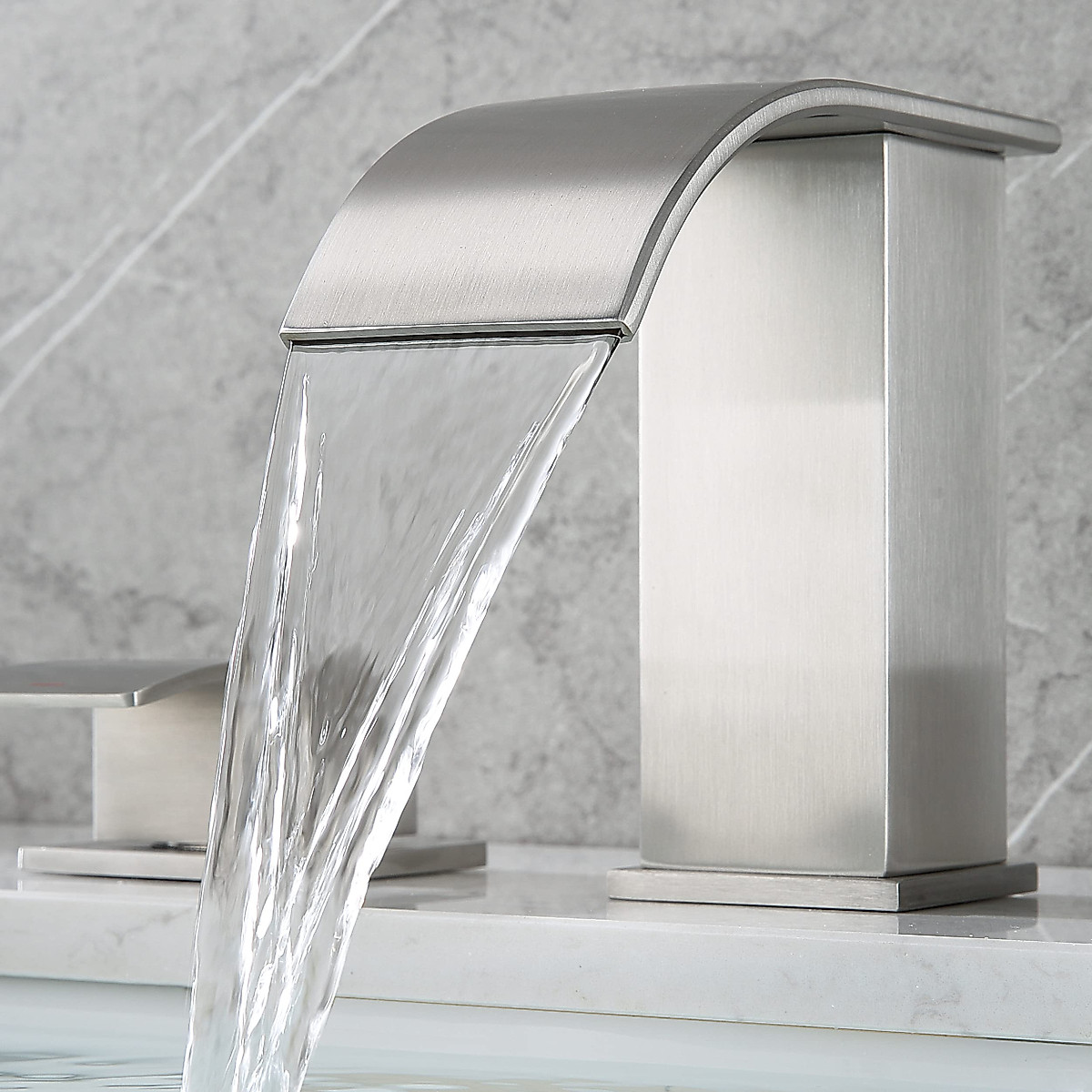 Brushed Nickel Waterfall Bathroom Faucet for Sink 3 Hole - Widespread, 2-Handles 8 Inch Modern Faucet for Bathroom Sink, Vanity Faucet with cUPC Supply Lines