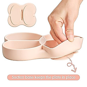 Dommy Butterfly Silicone Toddler Plates with Suction, Divided Design Suction Plates for Toddlers Babies, Food Grade Soft Safe BPA-Free Silicone, Dishwasher Microwave Safe, 6M+, Peach Dust