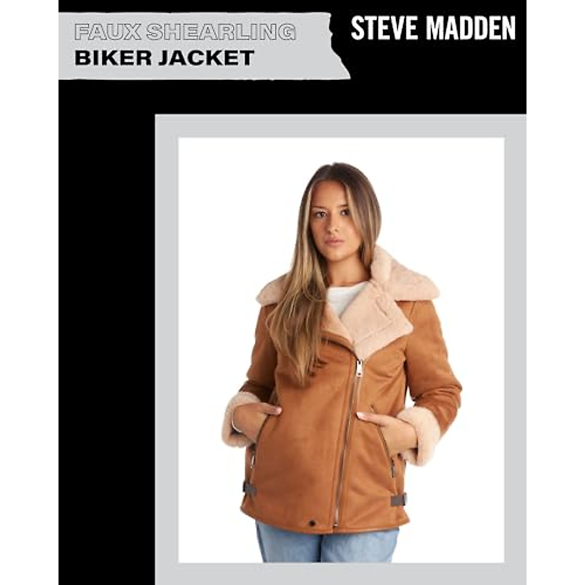 Steve Madden Women's Winter Coat - Faux Leather Moto Biker Jacket - Faux Shearling Lined Heavyweight Jacket for Women, S-XL, Size Large, Cognac