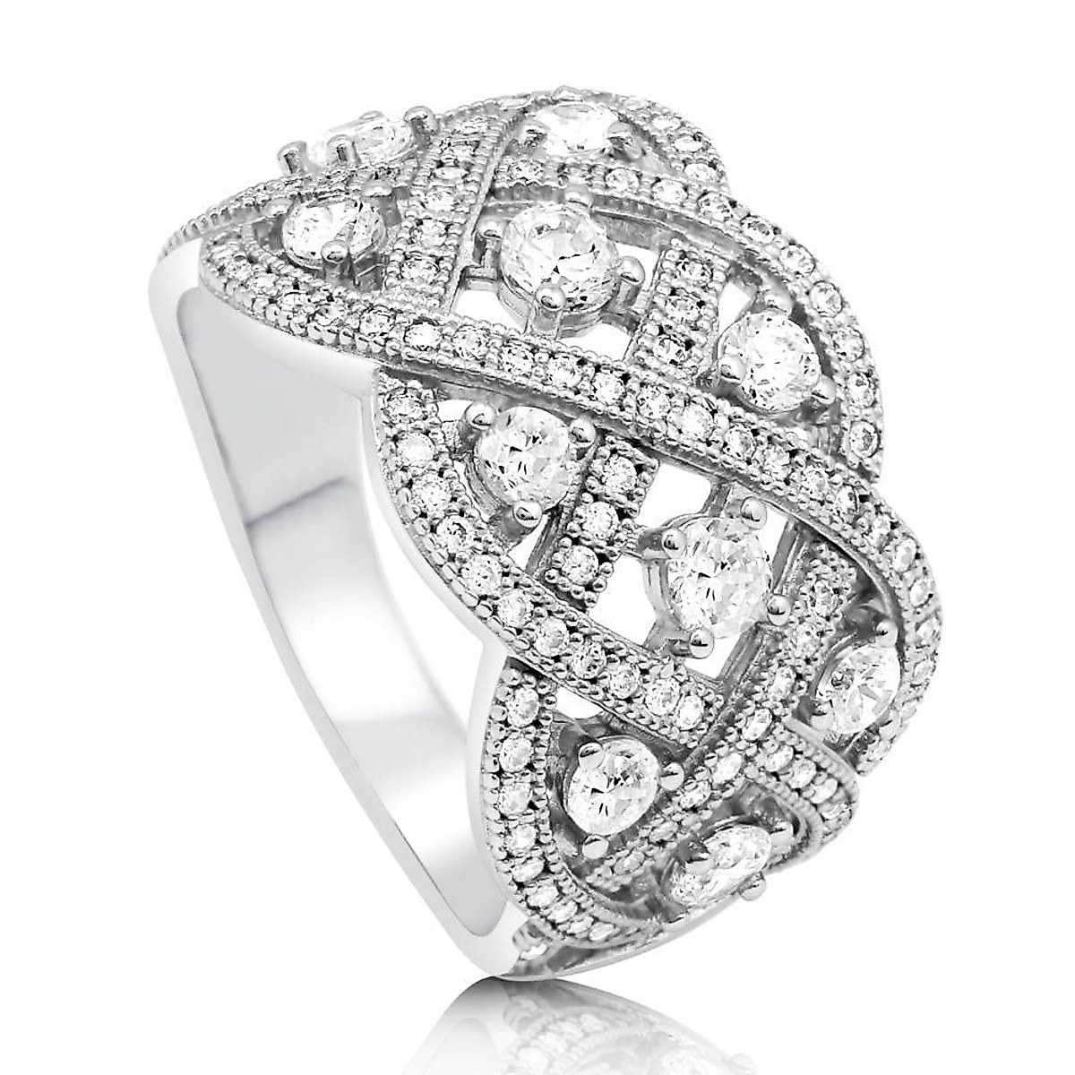 BERRICLE Sterling Silver Woven Cubic Zirconia CZ Statement Art Deco Cocktail Fashion Ring for Women, Rhodium Plated Size 7
