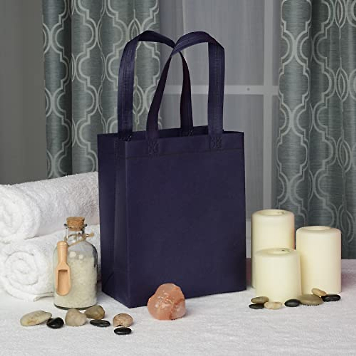 Gift Bags Medium Size - 12 Pack Blue Indigo Colored Tote with Handles, Plain Fabric Reusable Gift Bags for Birthday Party Goodie & Favor Bags, Gifts, Holiday Present Wrap, Shopping, in Bulk - 8x4x10