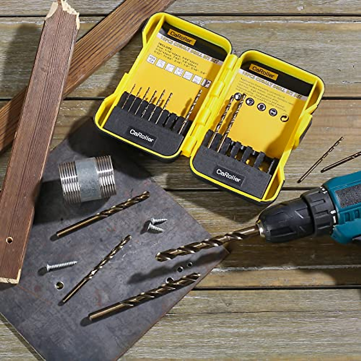 CaRoller Drill Bit Set - M35 Cobalt Drill Bit - 15 Pcs High Speed Steel Twist Jobber Length Drill Set 1/16"-3/8" for Hardened Metal, Stainless Steel, Cast Iron, Wood and Plastic with Round Shank