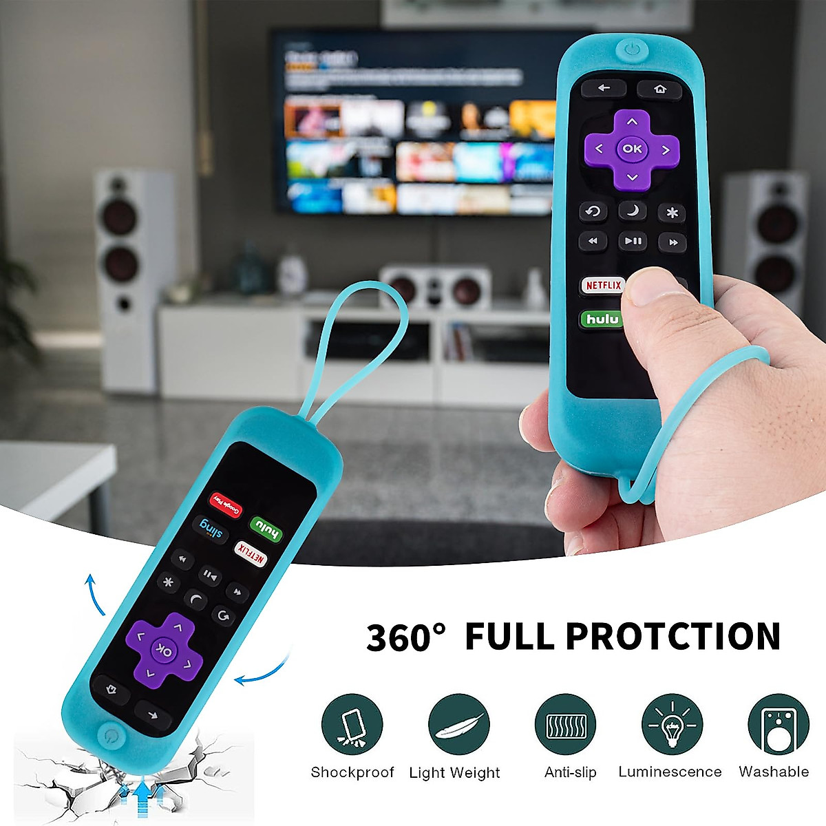 2 Pack Roku Remote Cover Silicone Protective Case for Roku TV TCL Roku 2/3/4/ Express/Premiere/Voice/Streaming Stick/Ultra RC280 Anti Slip Remote Sleeve Anti-lost Glow in The Dark (Glow Green + Blue)