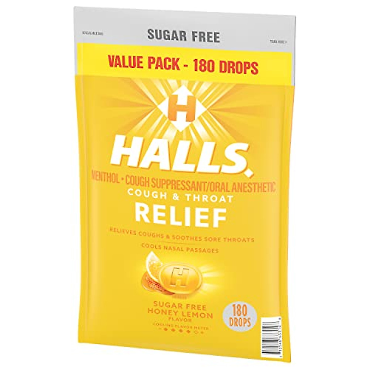HALLS Relief Honey Lemon Sugar Free Cough Drops, Value Pack, 180 Drops