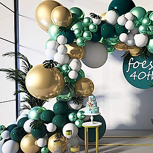 Soonlyn Jungle Party Decorations Balloon Garland Arch Kit 125 Pcs, Double Stuffed Emerald Green Gold Matellic White Balloons with Large Leaves for Safari Birthday Party Decorations Baby Shower