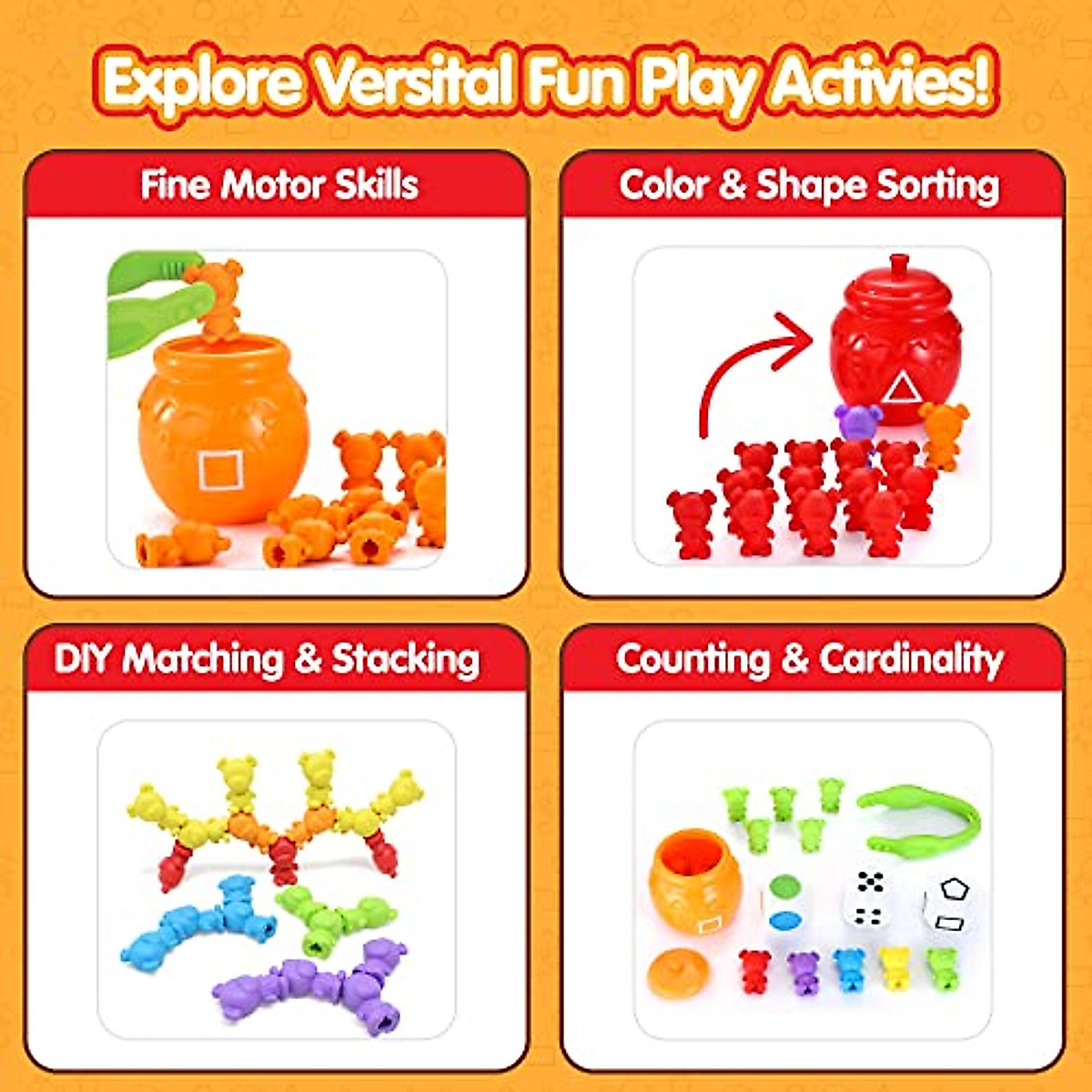 JOYIN Rainbow Counting Bears with Matching Sorting Cups - 83 Pcs Set Learning Toys for Kids Age 3+, Number Sorting, Color Recognition, Tweezers, Dice, Instruction Book, Educational Sensory Toy Gift