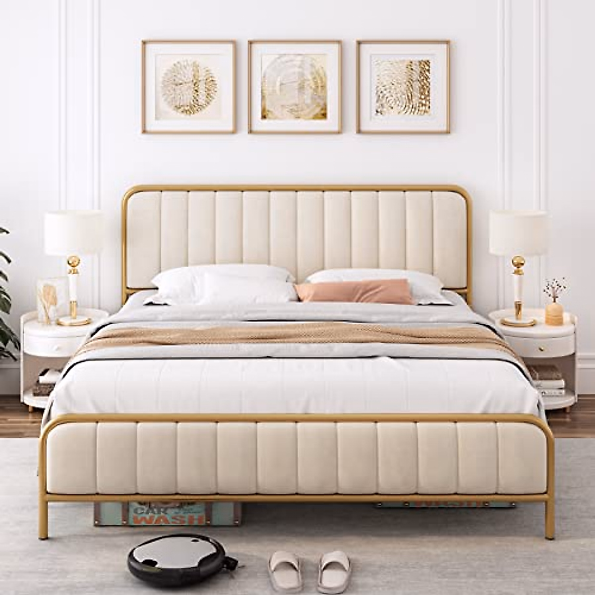 HITHOS Queen Size Bed Frame, Upholstered Bed Frame with Button Tufted Headboard, Heavy Duty Metal Mattress Foundation with Wooden Slats, Easy Assembly, No Box Spring Needed (Golden/Off White, Queen)