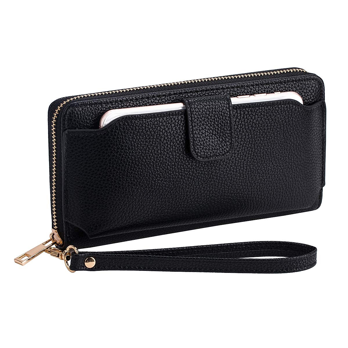 Women Wristlet Wallet with Cell Phone Holder Zip Around Handbag Black Large