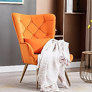 Artechworks Velvet Buttoned Accent Arm Chair with Golden Legs & Pillow, High Back Living Room Bedroom Chairs, Modern Leisure Chair for Living/Dining/Lounge Room,Office,Orange Color