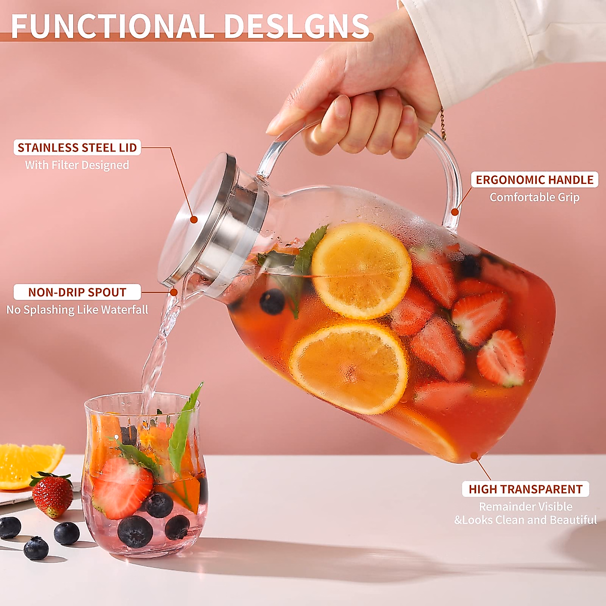 Glass Pitcher, 75 Ounces Glass Pitcher with Lid, Fridge Door Water Pitcher with Free Brush, Heat Resistant Glass Water pitcher with Spout, Iced Tea Pitcher for Fridge, Carafe Perfect for Juice