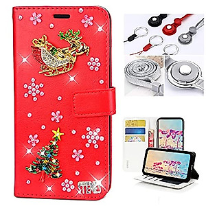 STENES Bling Wallet Phone Case Compatible with Samsung Galaxy Z Fold 2 5G - Stylish - 3D Handmade Christmas Tree Elk Gift Floral Leather Girls Women Cover with Neck Strap Lanyard [3 Pack] - Red
