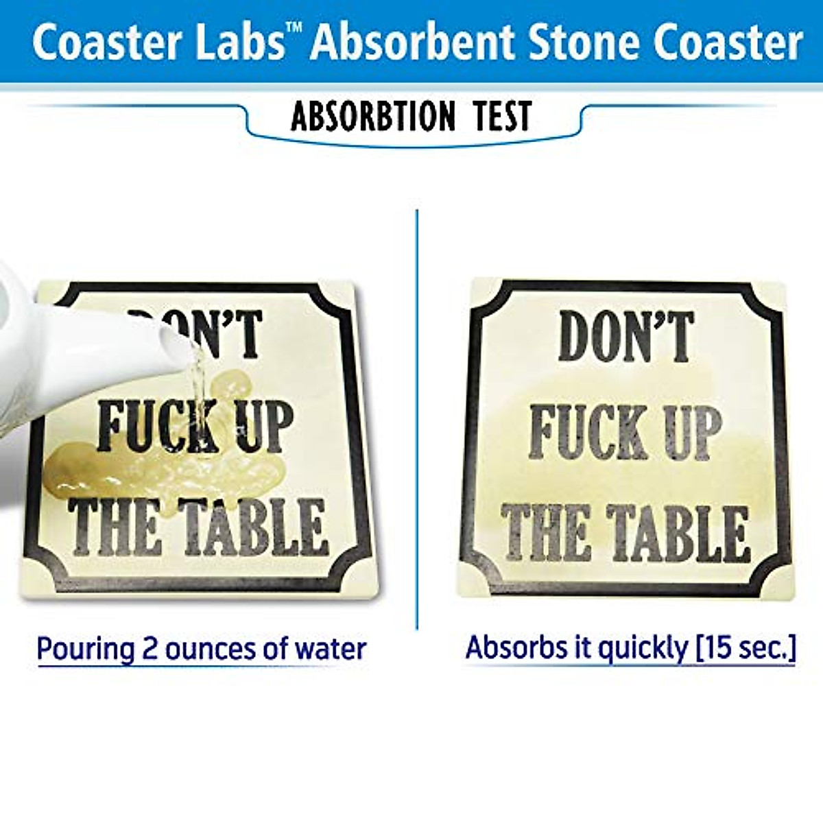 Absorbent Stone Drink Coasters - Funny Coasters for Drinks - Huge 4.25 Inch Square Ceramic Stone with Cork Backing Coaster