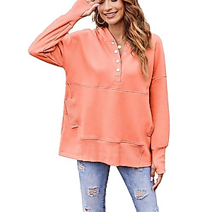 LaLaLa Women Casual Button V Neck Sweatshirt Oversized Pullover Hooded Tops with Pockets Orange