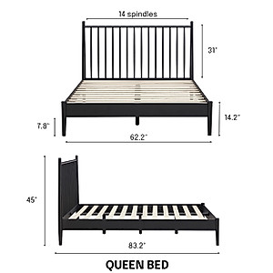 NTC Inno Wooden Bed Frame with Headboard, Solid Oak and Rubber Wood Foundation with Silent Slats and Wood Central Supports, 1000 Lb Capacity, Effortless Assembly, Queen - Burnt Black