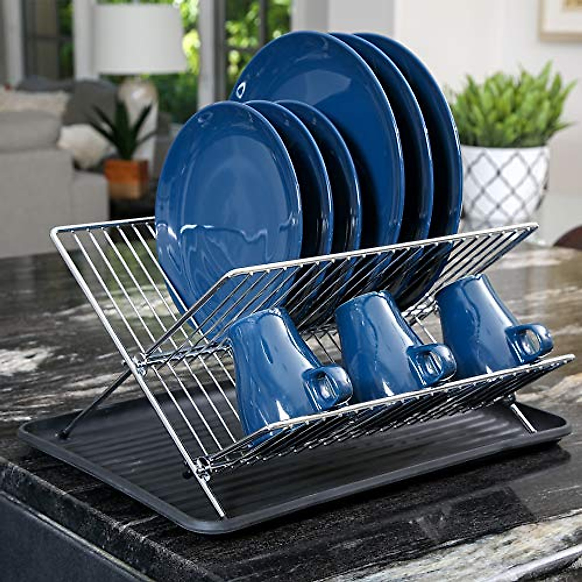 Smart Design Dish Drainer Rack w/ In Sink or Counter Drying - Steel Metal Wire - Cutlery, Plates, Dishes, Cups, Silverware Organization - Kitchen (Folding, Chrome)