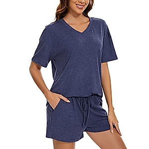LOCUBE Women's Pajama Sets Soft Comfy Short Sleeve V-Neck Lounge Outfits Pj Set Shorts with Pockets (Navy, Large)