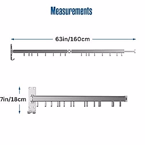 Clothes Drying Rack, Folding Air Dry Laundry, Wall Mounted Hang Dryer, 63"x7", Aluminum, Retractable, Collapsible, Foldable, Pull Out Clothesline for Hanging Shirts, Pants, Indoor, Outdoor w/Hooks
