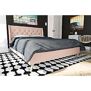 Novogratz Her Majesty Upholstered Linen Bed, Tufted Wingback Design and Wooden Legs, Queen Size - Pink Linen