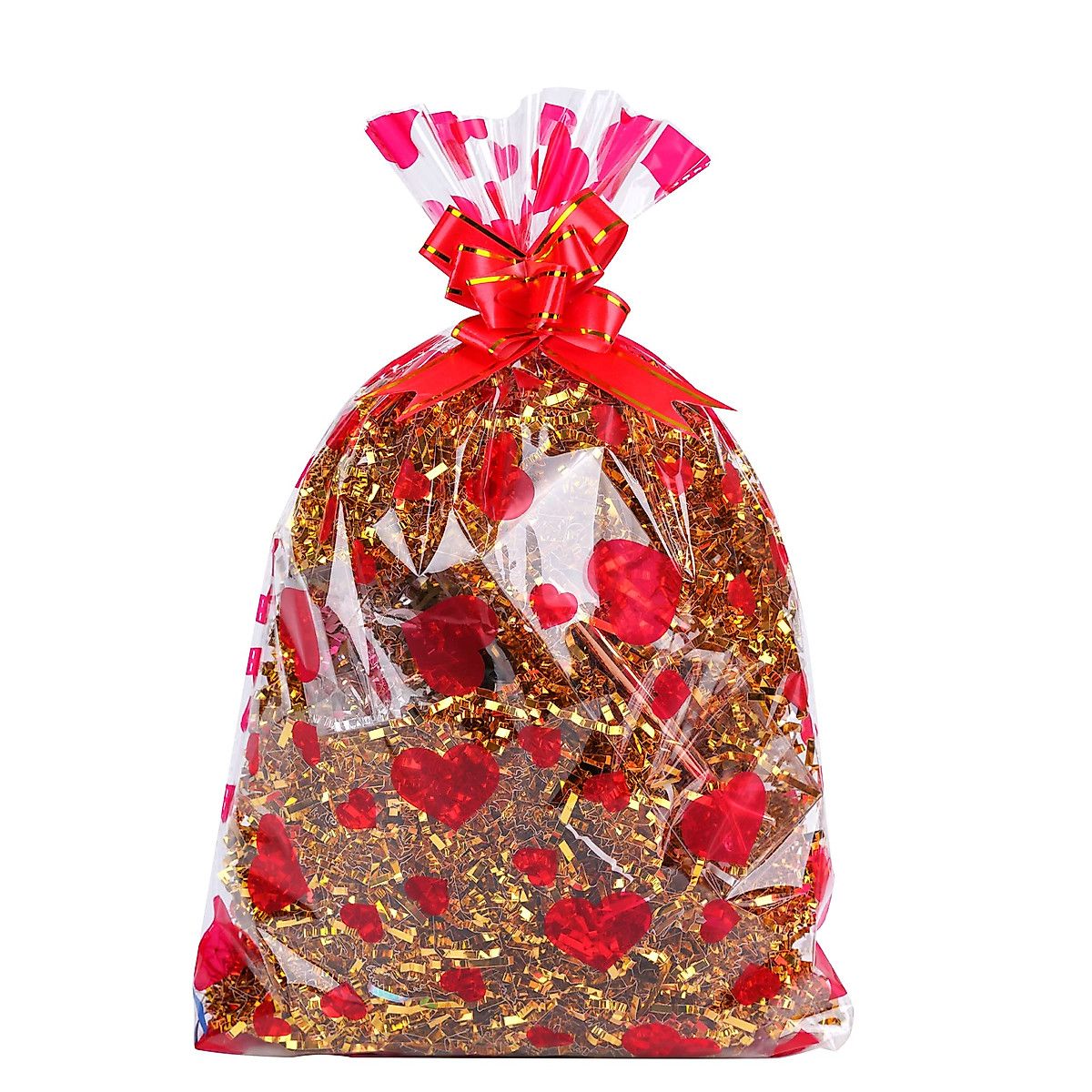 Kolewo4ever 40pcs Heart Cellophane Basket Bags Set 20pcs Heart Cellophane Wrap Clear Basket Bags With 20pcs Red Pull Bows for Valentine, Weddings, Bridal or Baby Showers (12x18inches)