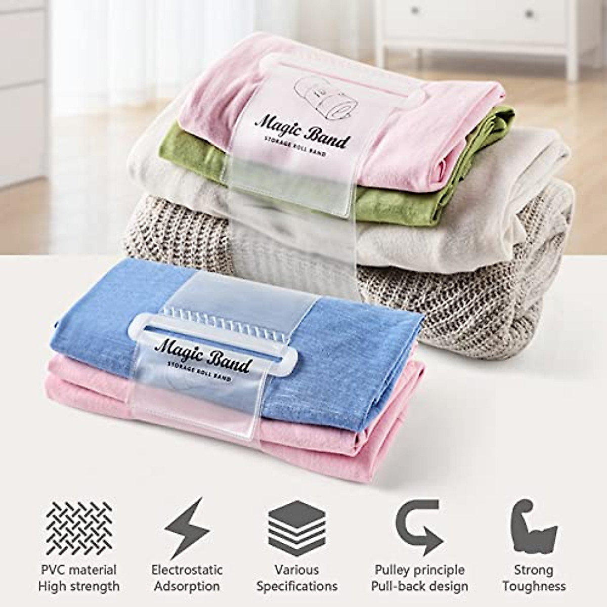 Closet Organizers Storage Belt Self-adhesive Durable PVC Clothes Stacking Organizer Strap for Folded Household Shirt T-shirts Pants Towels Bed Sheets Storage Roll Band Fold Up Organize (9)