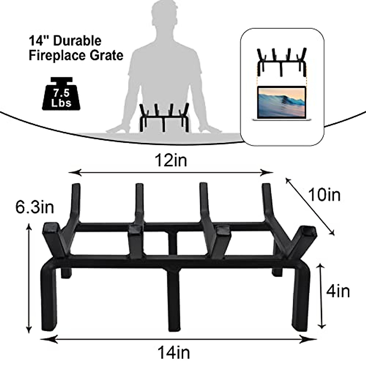 TwentyNext Fireplace Log Grate, Small 14Inch Heavy Duty Solid Steel Wood Rack Stove Firewood Holder for Indoor Hearth Outdoor Fire Pit Chimney Hearth Kindling Tool