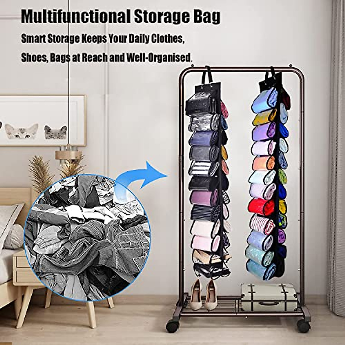 KISYONGUS Closet Organizer for Leggings, Shirt Organizer Leggings Storage Bag with 24 Compartments -Hanging Clothes Organizer for Yoga Pants, Tank Top, Towel, Underwear, T Shirt