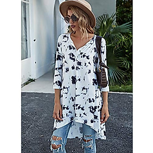 Naggoo Womens 3/4 Sleeve Hi Low V neck Long Blouses Tie Dye Print Loose Tunic Tops Shirts, Black White, XX-Large
