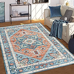 Zacoo Area Rug 8x10 Bedroom Rug Persian Rug Indoor Vintage Non Slip Living Room Floor Carpet Soft Distressed Bohemian Throw Rug Non Shed Floral Accent Mat for Kitchen Dining Room Office,Orange Blue