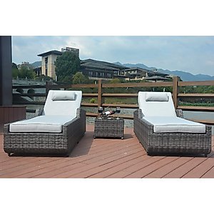 Direct Wicker 3 Pieces Aluminum Frame Outdoor Patio Chaise Lounge with Wheel PE Wicker Adjustable Chaise Lounge Chairs Chair Set for Garden
