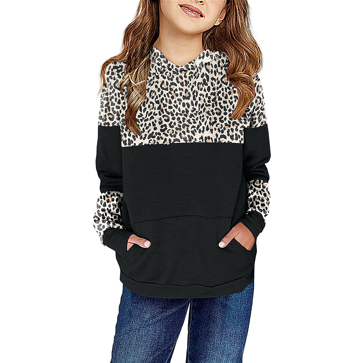 Haloumoning Kids Girls Fleece Pullover Hoodies Cute Leopard Printed Hooded Sweatshirts with Pockets 4-15 Years