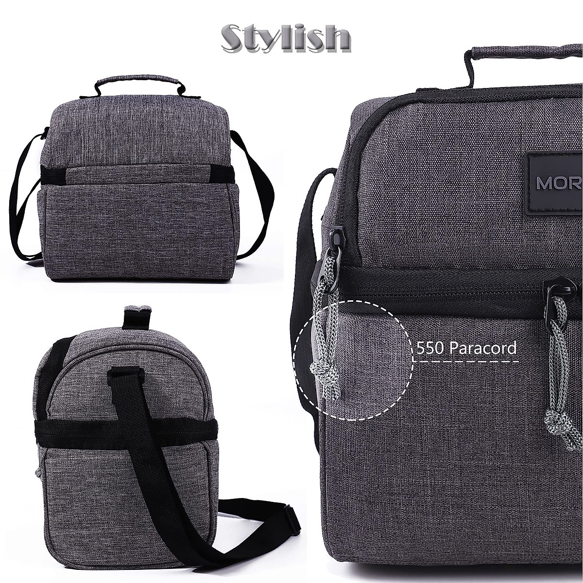 MORIOX Boys Lunch Box Dual Compartment Large Lunch Bag for Men Women Double Deckers Insualted Leakproof Cooler with Shoulder Strap for Work School Picnic (Grey)