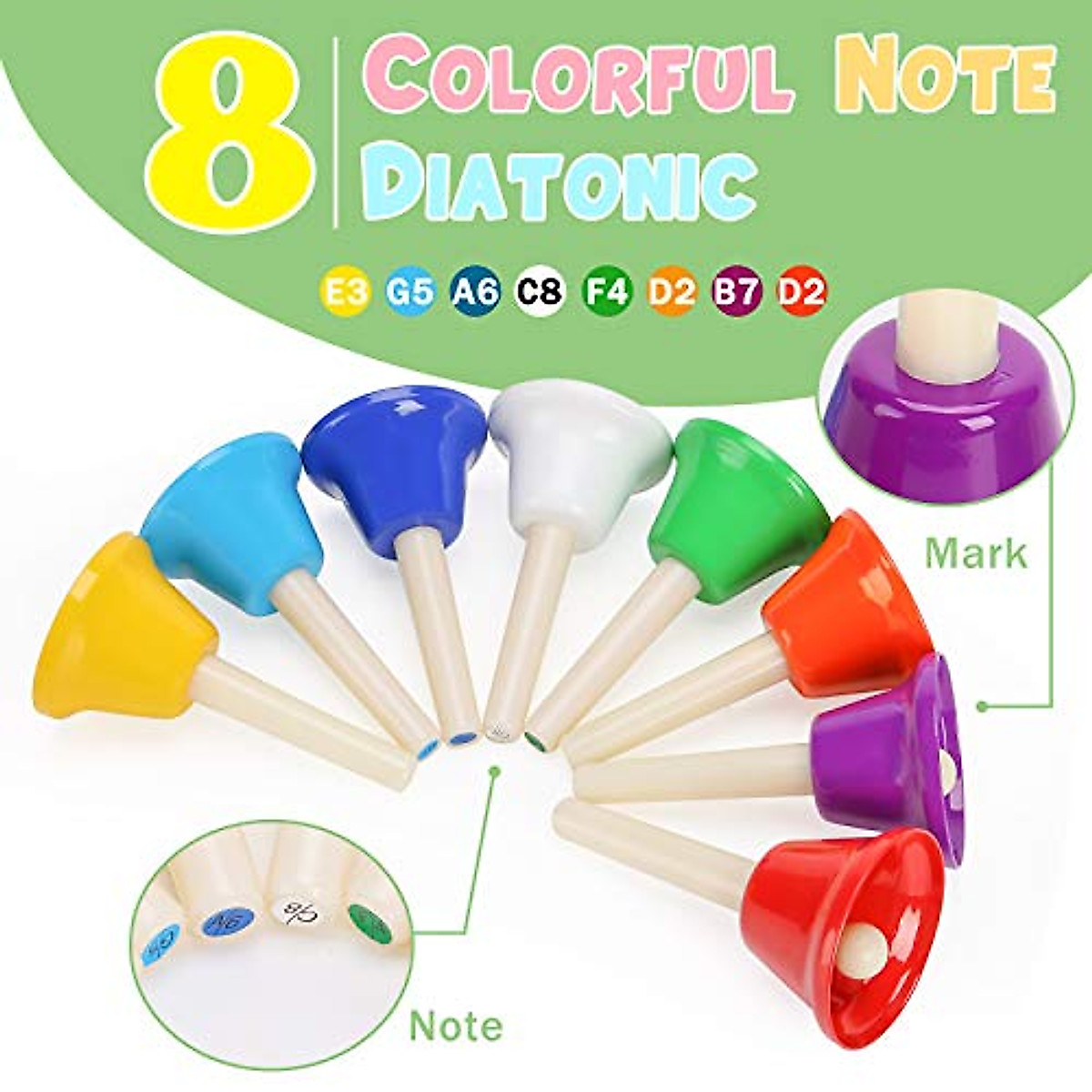 Koogel Coloful Musical Hand Bell Set, 8 Note Diatonic Metal Hand Bells Musical Toy Percussion Instrument for Festival,Musical Teaching,Family Party for Kids