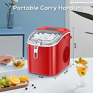 ZAFRO Ice Makers Countertop, Portable Ice Machine with Handles, Self-Cleaning Ice Makers with Basket and Scoop, 9 Cubes in 6 Mins, 26 lbs Per Day, Suitable for Your Kitchen, Office, Party （Red）