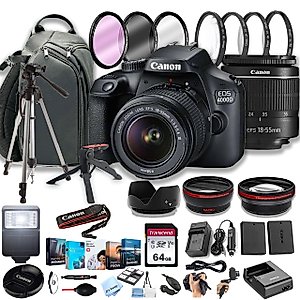 Canon EOS 4000D (Rebel T100) DSLR Camera w/EF-S 18-55mm F/3.5-5.6 Zoom Lens + 100S Sling Backpack + 64GB Memory Cards, Professional Photo Bundle (40pc Bundle) (Renewed)
