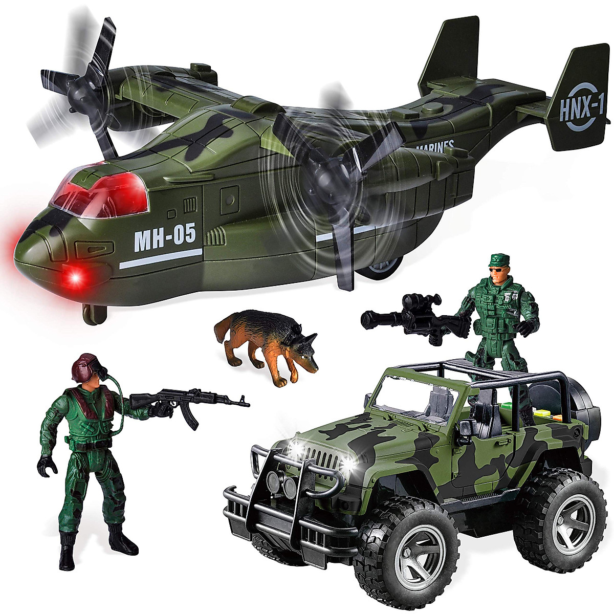 JOYIN Military Vehicle Toy Set of Friction Powered Transport Airplane and Military Truck with Light and Sound Sirens and Soldier Army Men Action Figures for Kids