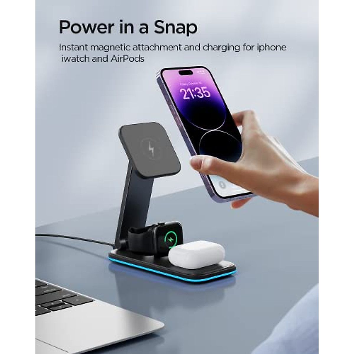 Mag-Safe Wireless Charger-Hohosb 3 in 1 Mag-Safe Charging Station,Magnetic Foldable Charging Stand for iPhone 14/13/12 Series,AirPods Pro/2/3,iWatch 8/7/6/SE/5/4/3/2-Black(18W Adapter Included)