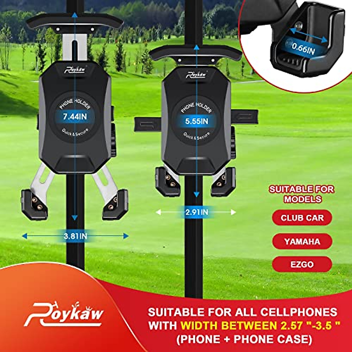 Roykaw Golf Cart Phone Mount Holder for EZGO/Club Car/Yamaha/ICON/Advanced EV Models, Upgrade Quick Release & One-Touch Lock, Compatible with iPhone/Galaxy/Google Pixel/Motorola/All 4.7"-6.8" Devices