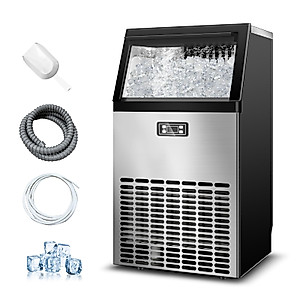Erivess 120 lbs/24H Commercial Ice Maker,48 Cubes/11mins, 33 lbs Ice Storage Capacity, Counter Ice Maker Self Cleaning, 24 Hour Timer Stainless Steel Freestanding Ice Maker Machine (120lbs/day)