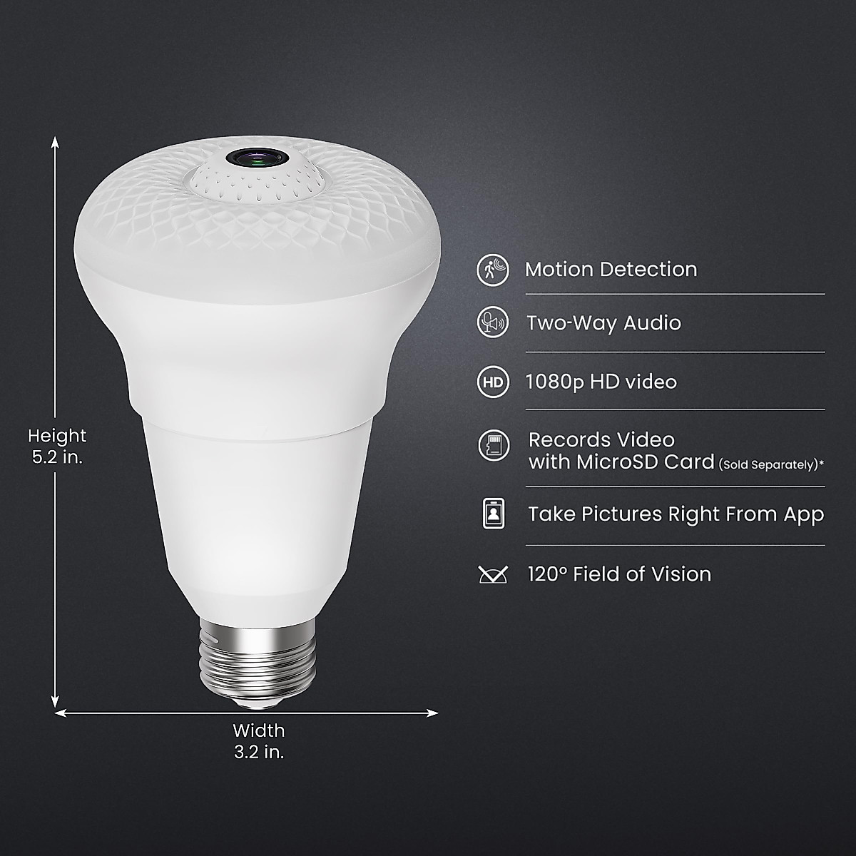 Feit Electric Smart Rotating Light Bulb with Wireless Camera, Motion Sensor, Night Vision, and 2-Way Speaker, 40W Equivalent, E26 Base, 5000K Daylight, 15,000-Hour Lifetime, A450/850/CAMWIFI/LED