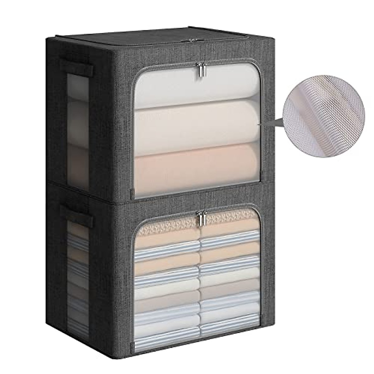 2 Pack Clothes Storage Bins - Foldable Metal Frame Storage Box with Mesh Windows - Stackable Linen Fabric Organizer Set with Carrying Handles