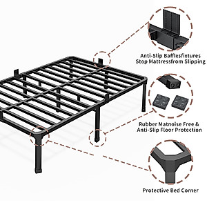 ROIL 14 Inch King Size Bed Frame with Mattress Slide Stopper - Double Black Basic Anti Squeak Steel Slats Metal Platform, Heavy Duty Noise Free Easy Assembly Bedframes, No Box Spring Needed