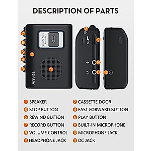 Arsvita Walkman Cassette Player, Portable Tape Recorder, Build-in Speaker and Microphone,Black