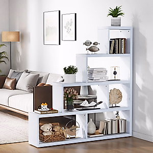 SILKYDRY 4 Tier Bookshelf, L Shaped Ladder Corner Bookshelf, 6 Cubes Stepped Etagere Bookcase, 10 Shelves Storage Display Rack for Living Room Home Office Hallway (White)