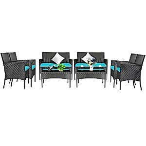 Tangkula 8 Piece Patio Furniture Set, Outdoor Wicker Conversation Set with Tempered Glass Coffee Table, Rattan Loveseat & Chairs Set with Seat Cushions for Backyard, Garden, Poolside (2, Turquoise)