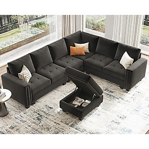 Belffin Velvet L Shaped Sofa Couch with Reversible Chaise Convertible Modular Sectional Sofa Set with Storage Ottoman Corner Sofa Set for Living Room Grey