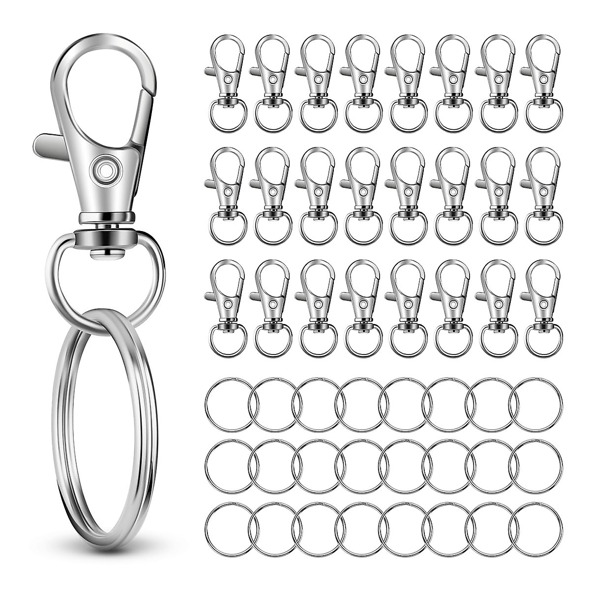 50 PCS in 25 Sets, Metal Swivel Lobster Claw Clasps, Keychain Clip with Large Key Ring, Premium Keychains Clips, Snap Hooks and Sturdy Key Rings, for Key Chain Making Kit，HnoaTovy (Silver)