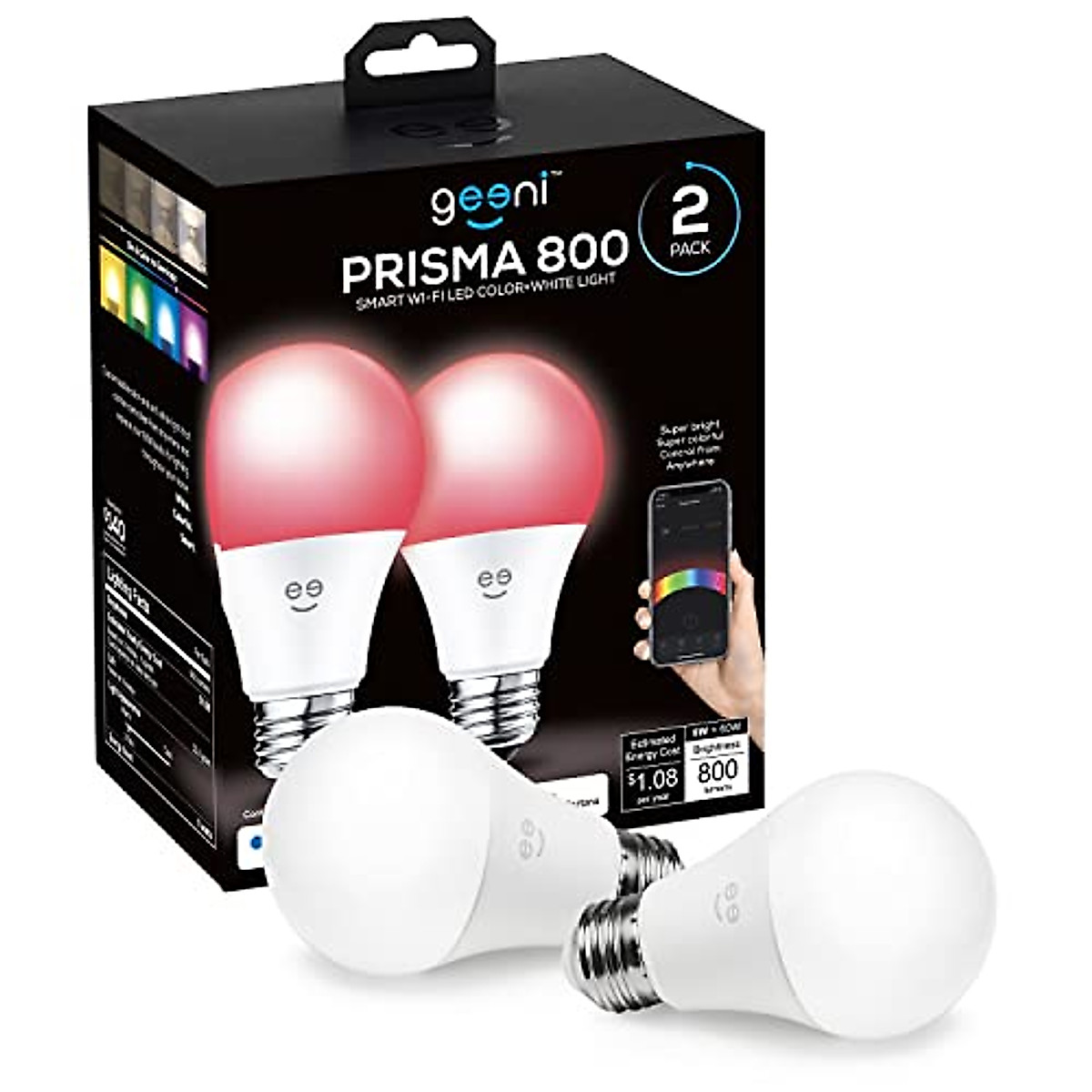 Geeni Prisma 800 2700K Dimmable A19, 60W Equivalent Color Changing RGBW LED Smart WiFi Light Bulb, Works with Alexa and Google Home, No Hub Required, Requires 2.4GHz WiFi  (2 Pack)