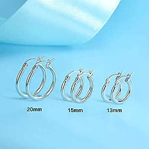 3 Pairs 925 Sterling Silver Hoop Earrings | Small White Gold Plated Hoop Earrings for Women (13mm, 15mm, 20mm)