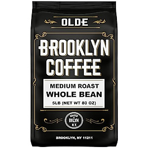 BROOKLYN COFFEE Whole Bean, Classic Medium Roast (5lb) Balanced, Smooth, Mellow - Fresh Bulk Coffee Beans Roasted Weekly in NYC