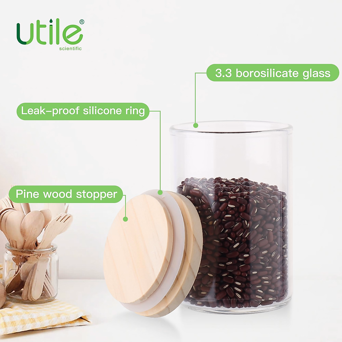 Utile 4 Pcs Heavy Wall Glass Food Jar Set with Lid, 2 Pcs Vol.440ml/14.9oz, 2 Pcs Vol.1080ml/36.5oz, Glass Airtight Food Storage Canisters for Oats, Coffee and More 4045.2001.1